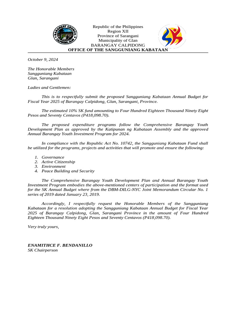 SK Annual Budget Proposal 2025 Glan | PDF