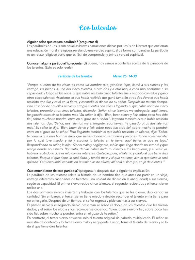 Parabola de Los Talentos | PDF | Parábolas de Jesús