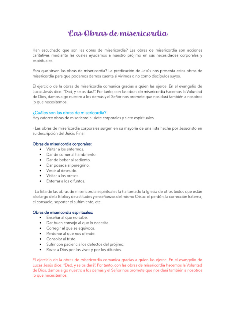 Obras de Misericordia: Guía y Ejemplos | PDF | Misericordia | Jesús
