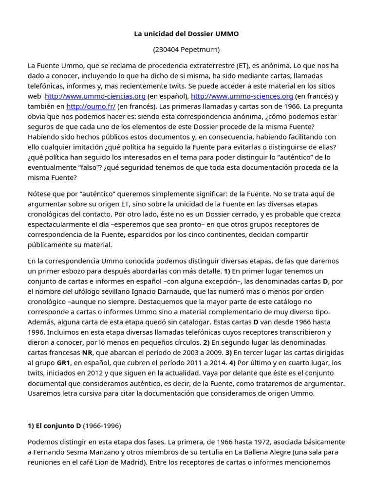 La Unicidad Del Dossier Ummo | PDF