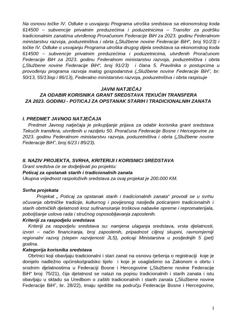 JAVNI KONKURS Poticaj Za Opstanak Starih I Tradicionalnih Zanata 1 | PDF