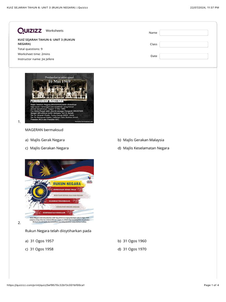 Kuiz Sejarah Tahun 6: Unit 3 (Rukun Negara) - Quizizz | PDF