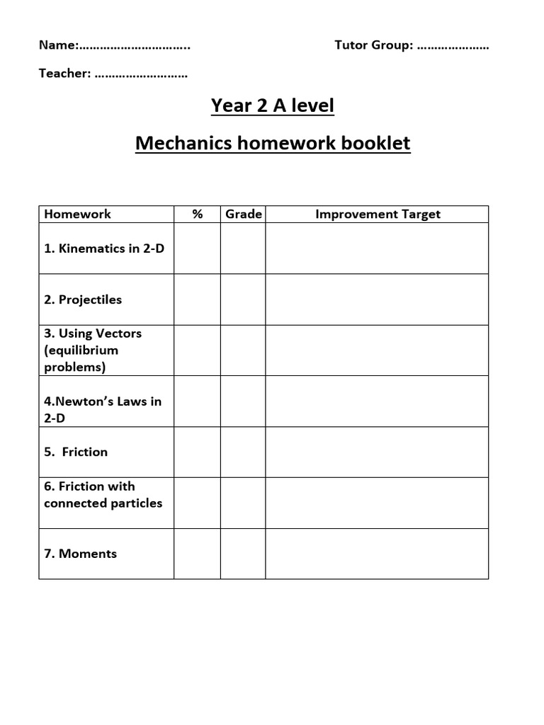 Year 2 Mechanics homework booklet | PDF | Torque | Force