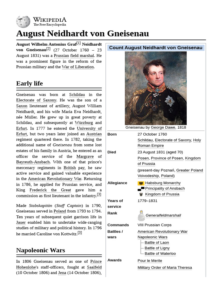 August Neidhardt Von Gneisenau | PDF | Military Of Prussia | Military