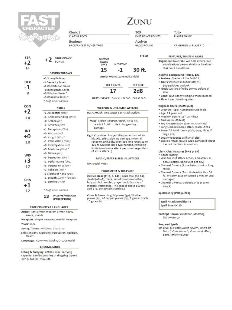 Bugbear Cleric Character Sheet | PDF | Role Playing Games