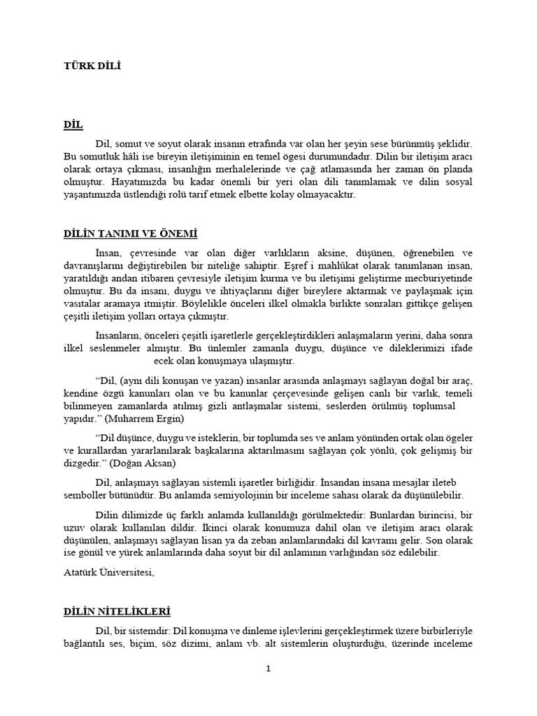 Türk Di̇li̇ Ders Notlari | PDF