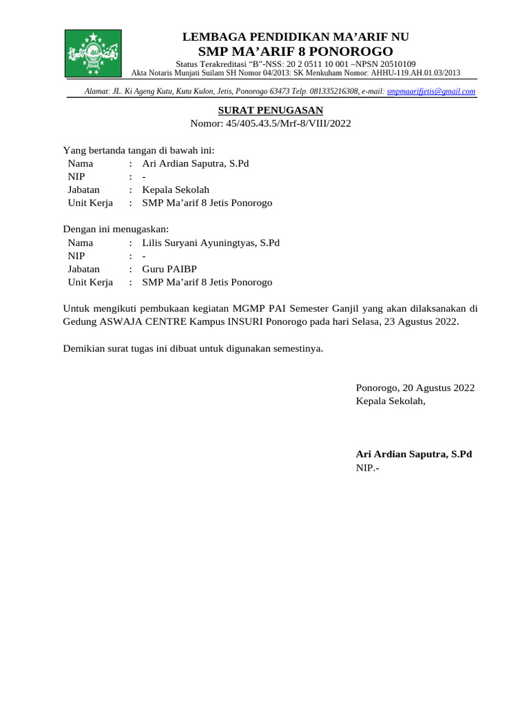 Surat Penugasan MGMP | PDF