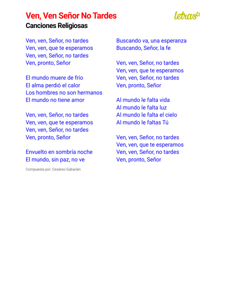 VEN, VEN SEÑOR NO TARDES - Canciones Religiosas (Impresión) | PDF