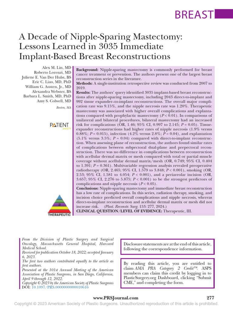 A Decade of Nipple Sparing Mastectomy Lessons | PDF | Mastectomy ...