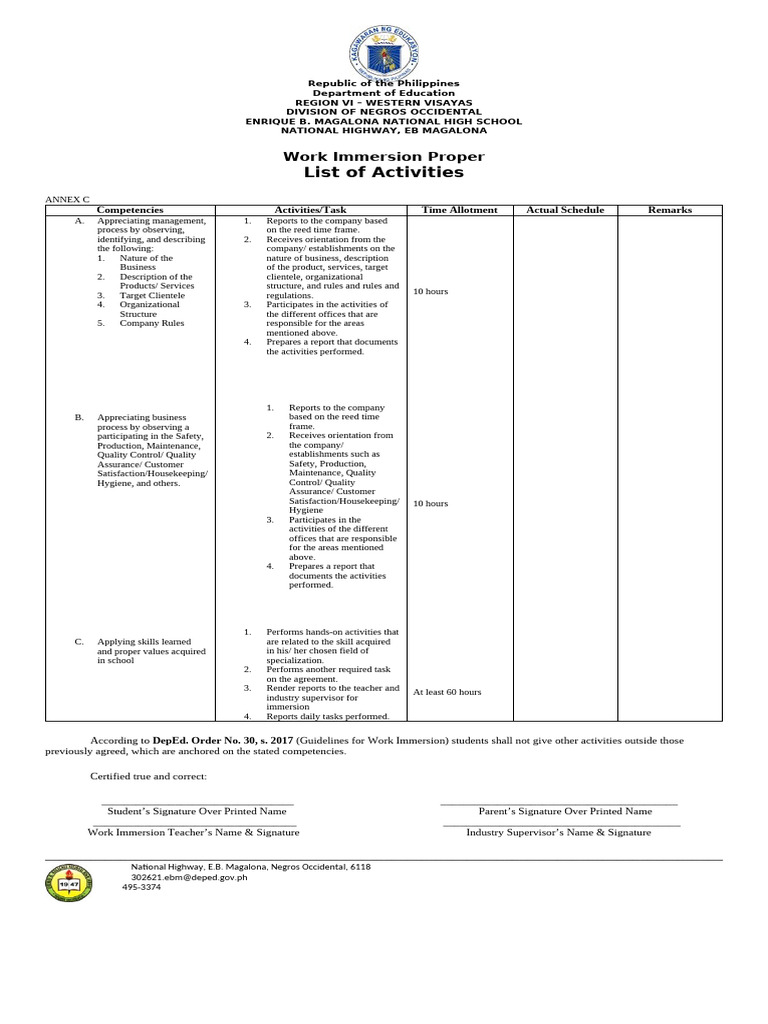 Work Immersion Activities Guide | PDF | Business