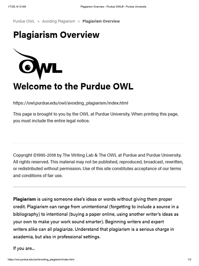 Plagiarism Overview - Purdue OWL® - Purdue University | PDF ...