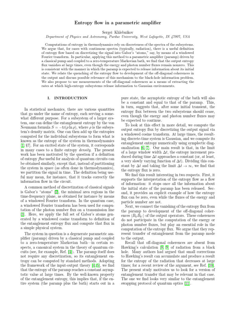 Entropy Flow in A Parametric Amplifier | PDF | Entropy | Quantum Entanglement