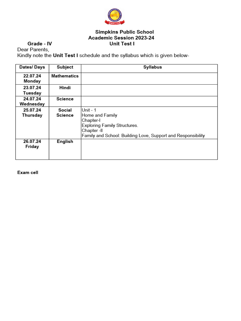Class 4 Syllabus and Date Sheet | PDF