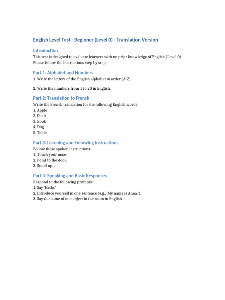 English Level Test Beginner Translation | PDF