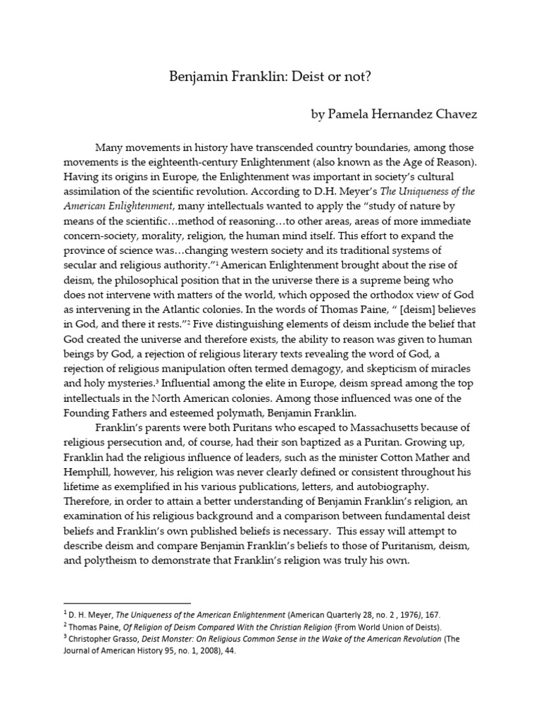 Benjamin Franklin's Deist Beliefs Explained | PDF | Deism | God