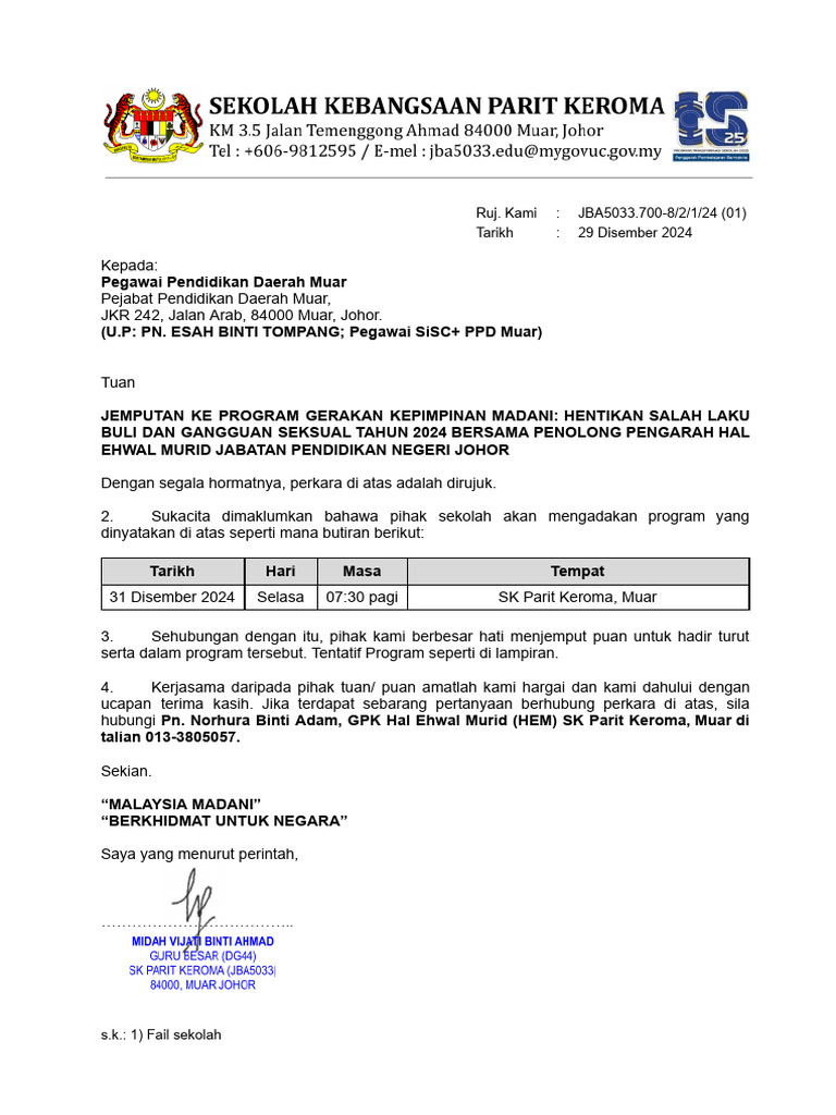 Surat Jemputan Program Anti Buli & Seksual JBA5033 2024 | PDF