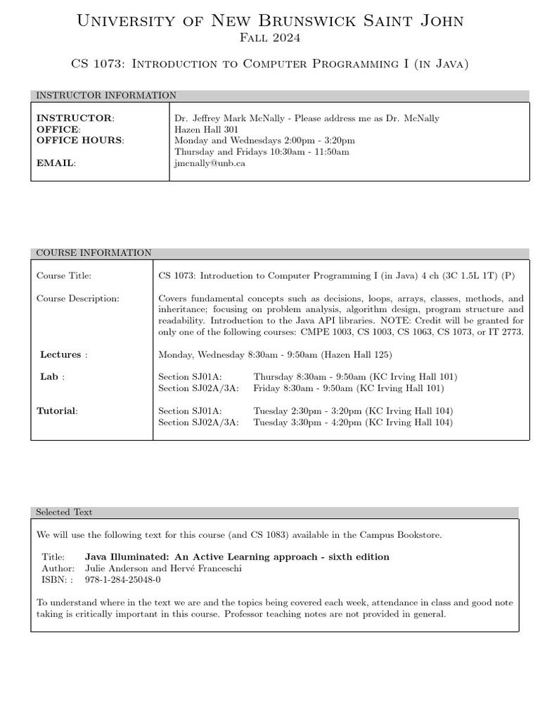 2024-2025 Fall CS 1073 Syllabus | PDF | Class (Computer Programming) | Method (Computer Programming)