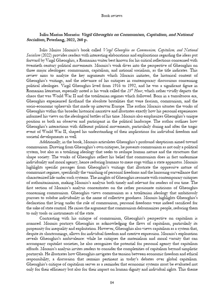 Book Review Daniel Sîrbu Iuliu Marius Morariu - Virgil Gheorghiu On Communism Capitalism and ...