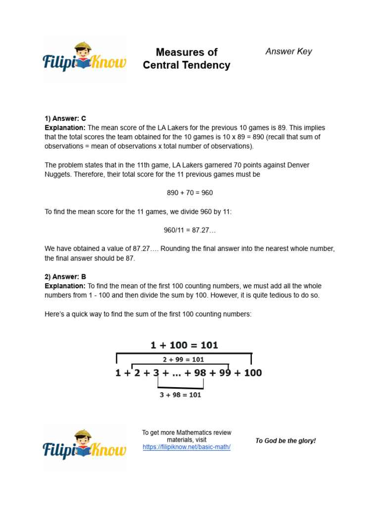 Measures of Central Tendency Answer Key - Revised | PDF | Arithmetic ...