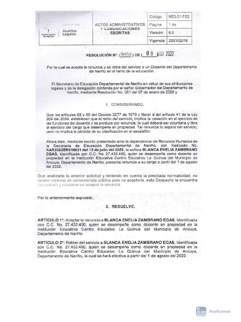 Resolución de Retiro | PDF