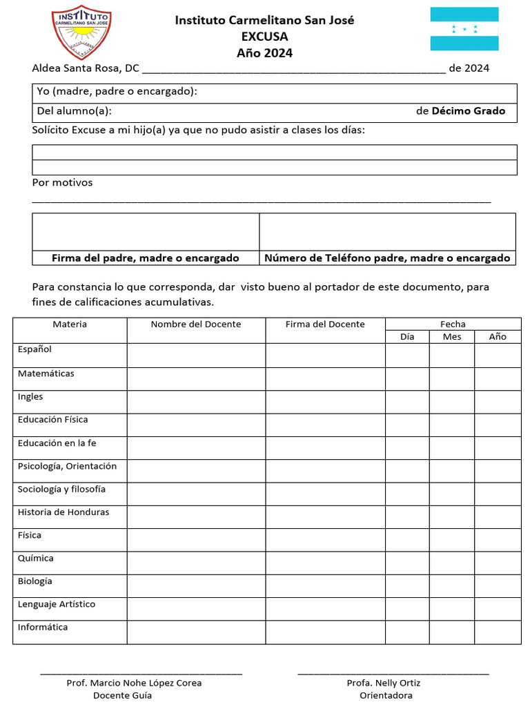 Formato Excusa Decimo Grado 2024 | PDF
