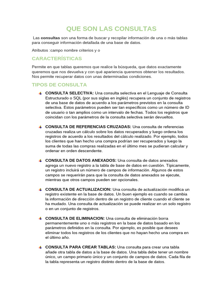 Tipos y características de consultas SQL | PDF | Bases de datos | Tecnologías de la información