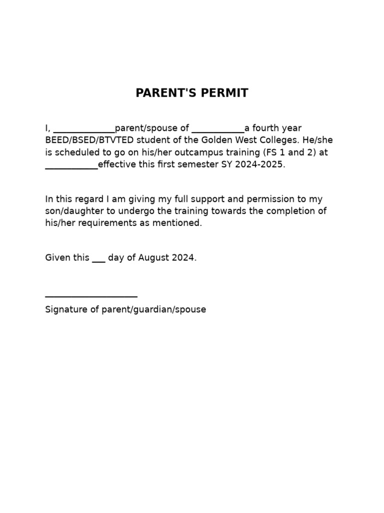 Parent's Permit for Student Training | PDF
