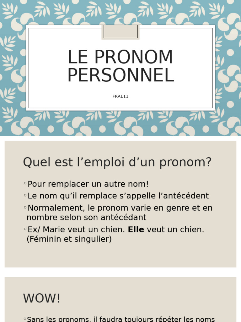Le Pronom Personnel 1de9wwt | PDF | Pronom | Unités sémantiques