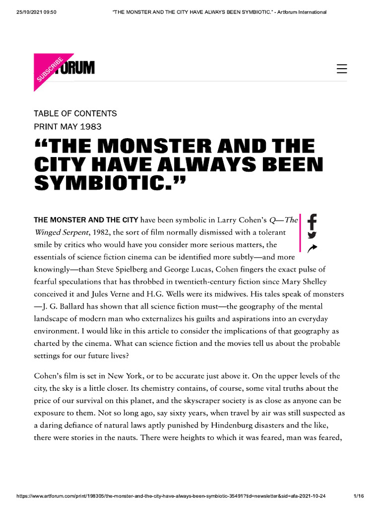 Philip Strick_THE MONSTER AND THE CITY_Artforum_May 1983_1 | PDF