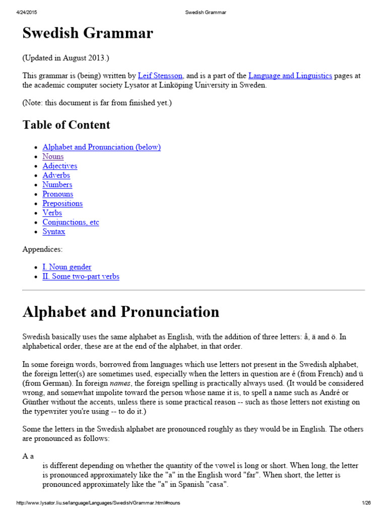 Swedish Grammar | PDF | Grammatical Gender | Stress (Linguistics)