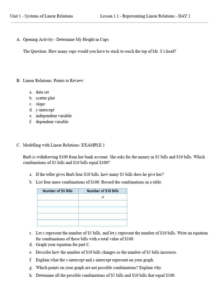 Lesson 1.1 - Representing Linear Relations - DAY 1 | PDF | Linearity ...