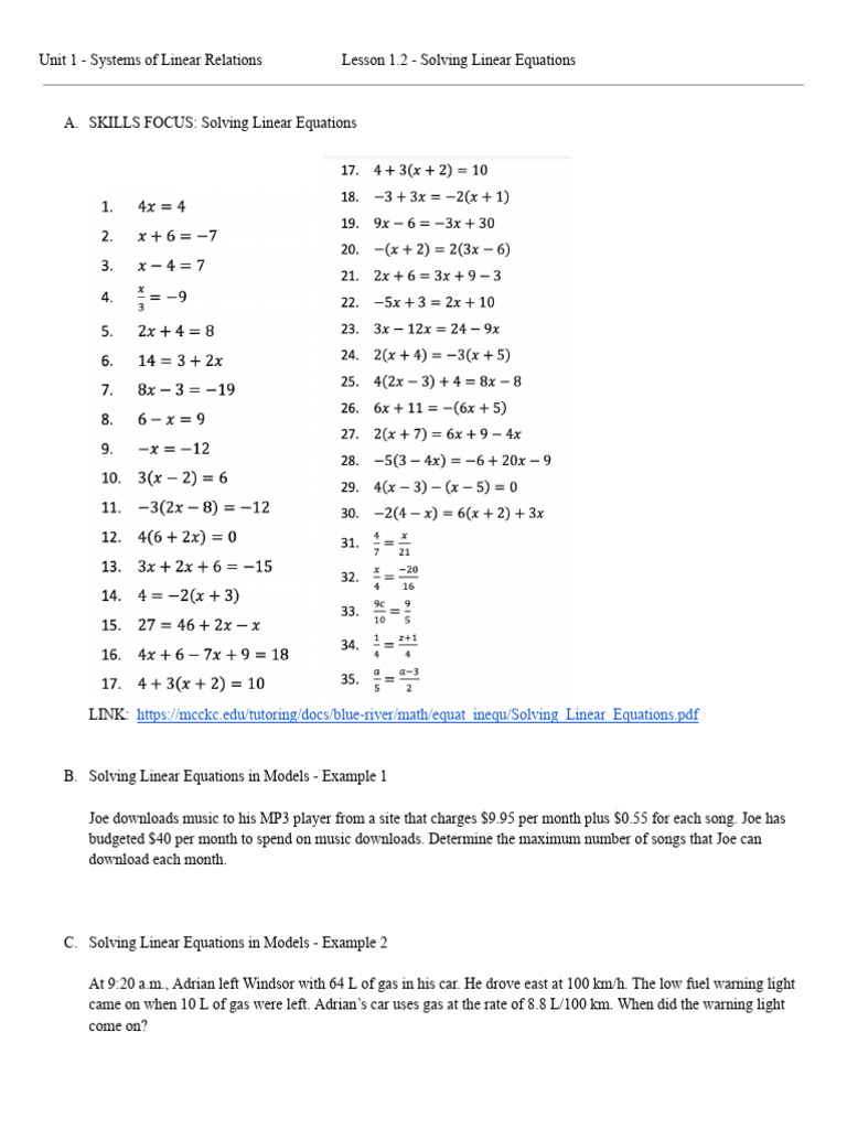 Lesson 1.2 - Solving Linear Equations | PDF | Equations | Mathematics