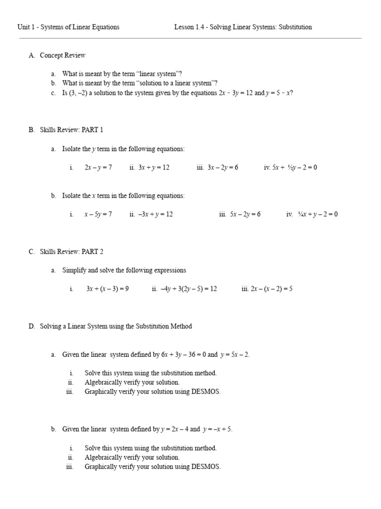 Lesson 1.4 - Solving Linear Systems - Substitution | PDF | System Of Linear Equations | Equations