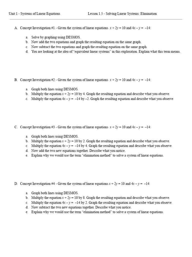 Lesson 1.5 - Solving Linear Systems - Elimination | PDF | System Of ...