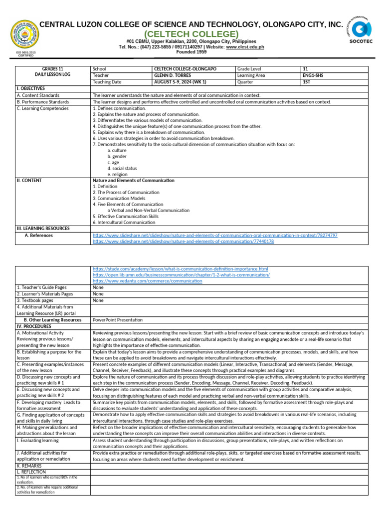 Grade 11 Oral Communication Lesson Plan | PDF | Communication | Learning
