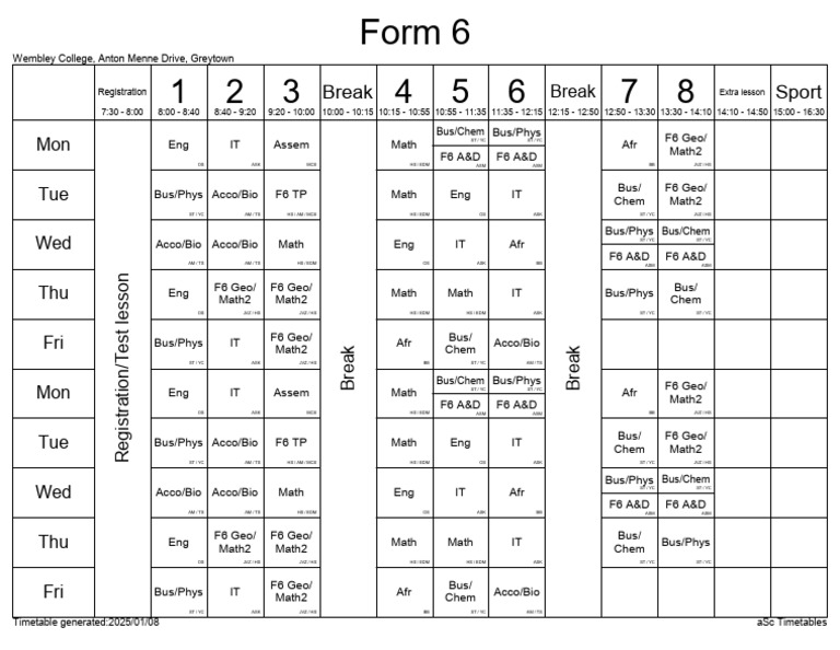 Form 6 Timetable Term 1 2025 | PDF