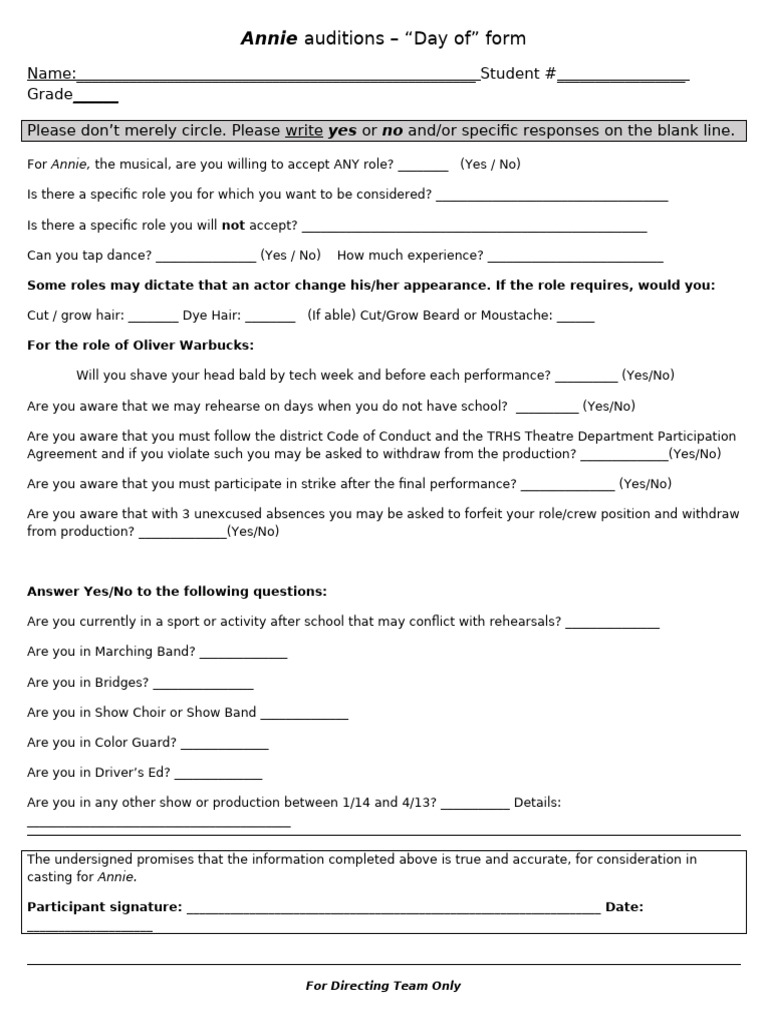 DAY OF AUDITIONS Annie Musical | PDF