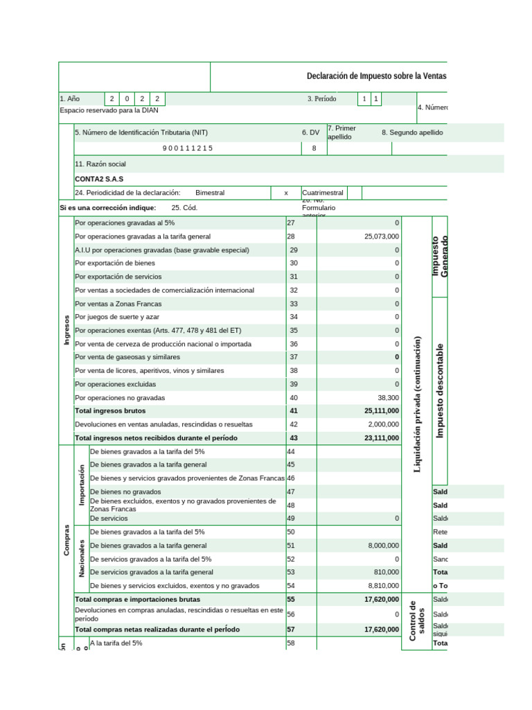 Declaración IVA 2022 - Conta2 S.A.S | PDF | Impuesto al valor agregado ...