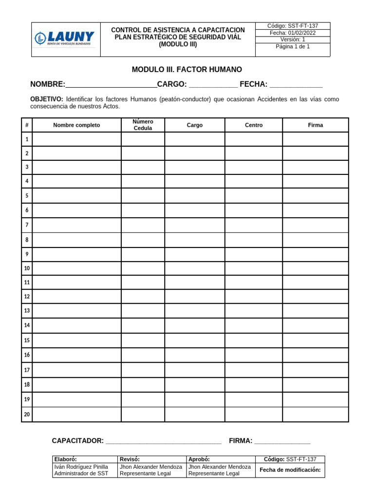 SST-FT-137 Formato Control de Asistencia A Capacitación MODULO III. Factor Humano. | PDF