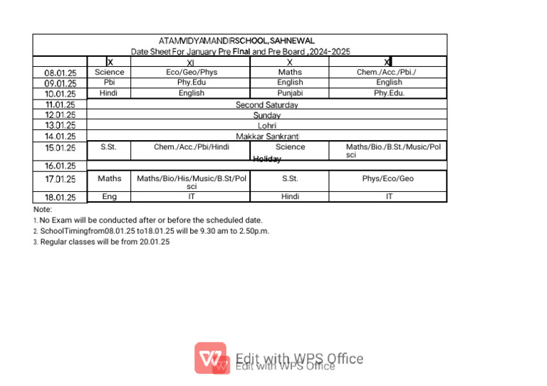 Jan Pre Board Date Sheet | PDF