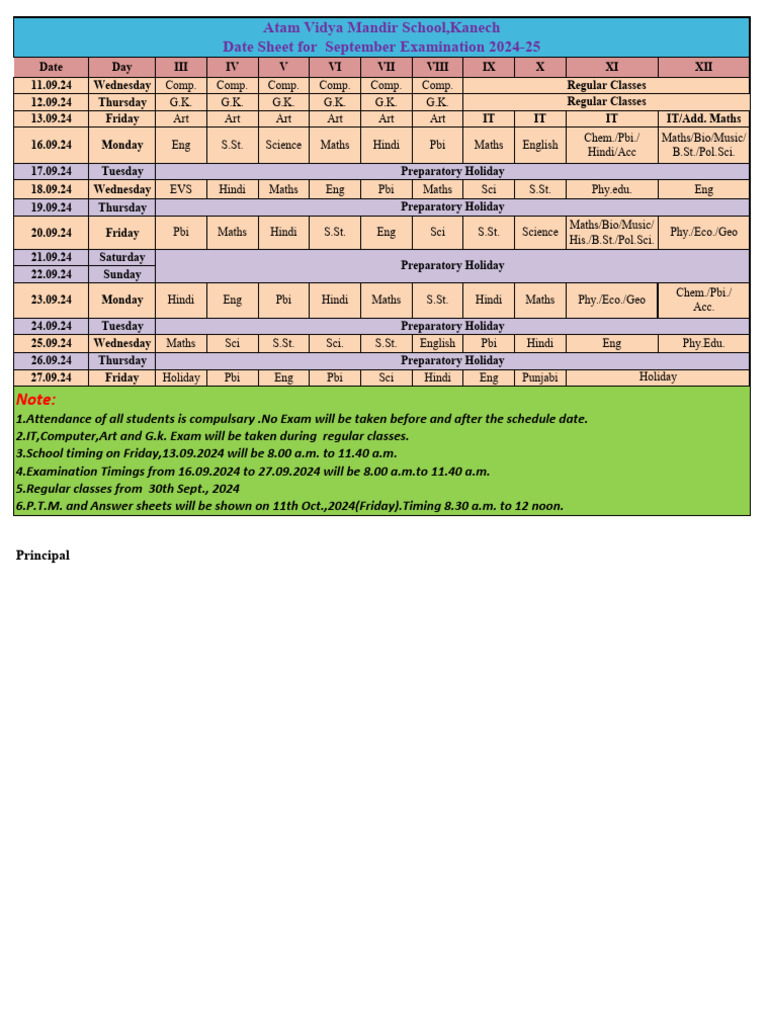 Date Sheet For September Examination, 2024 | PDF