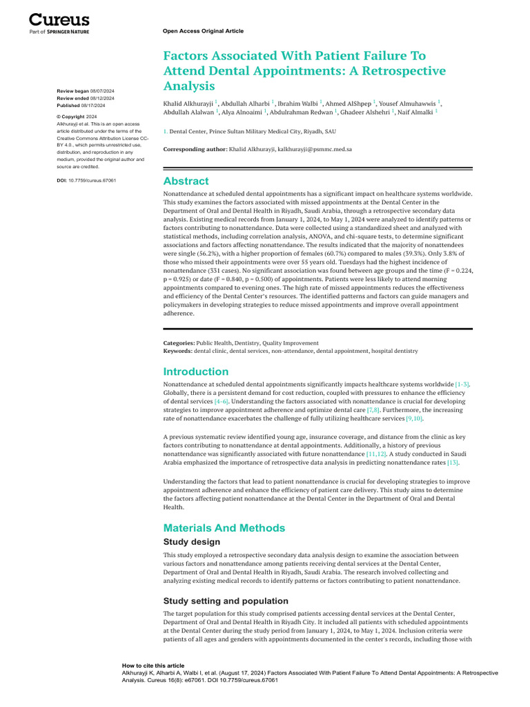 Alkhurayji2024 Factors Associated With Patient Failure To Attend Dental ...