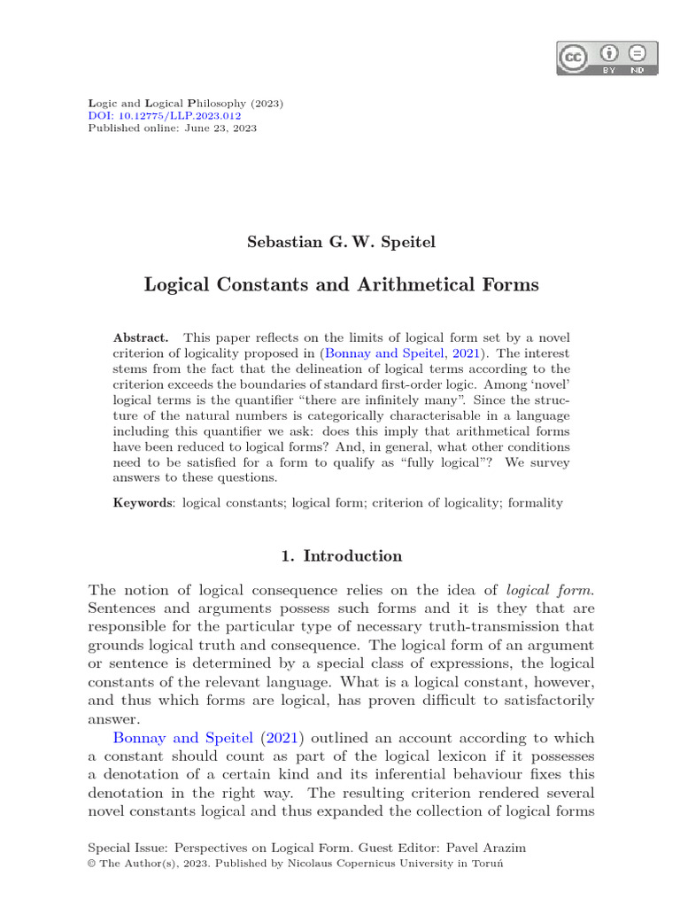 Logical Constants and Arithmetical Forms: Sebastian G. W. Speitel | PDF | Truth | Logic