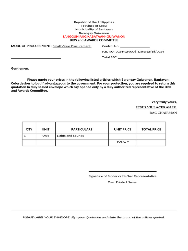 Cebu Barangay Guiwanon Procurement Bid | PDF