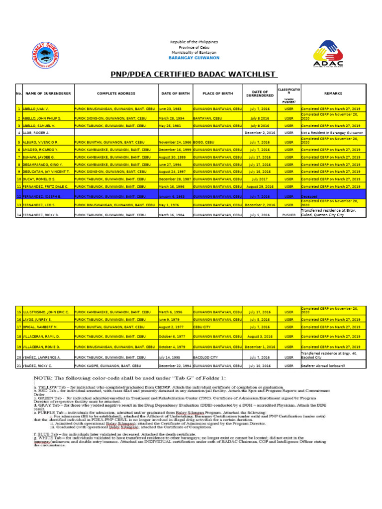 Badac Color Coded Guiwanon | PDF