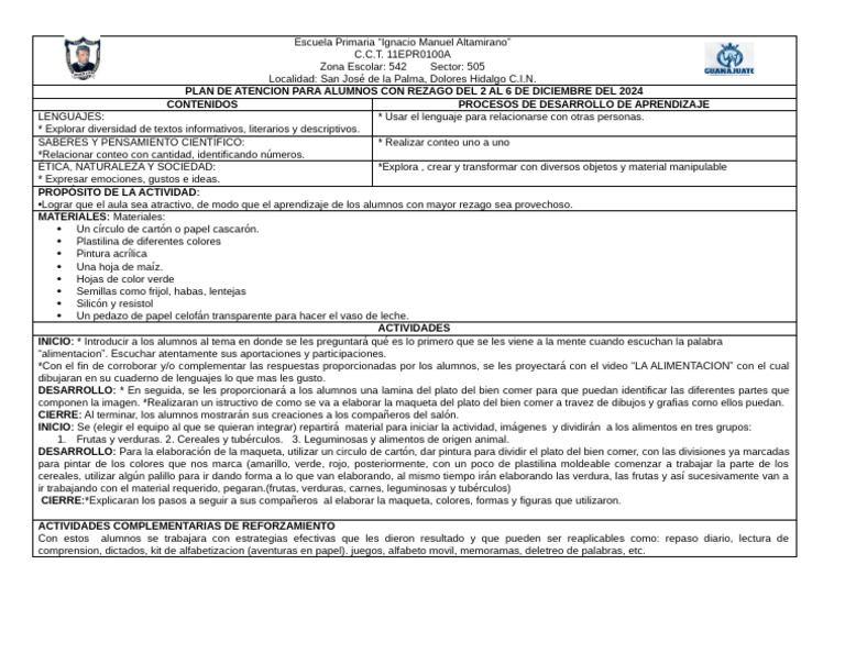 plan de reforzamiento ALUMNOS CON REZAGO 3°B | PDF