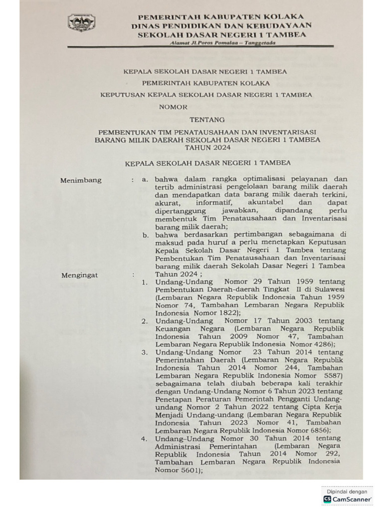 SK TIM Inventarisasi Aset SDN 1 Tambea | PDF