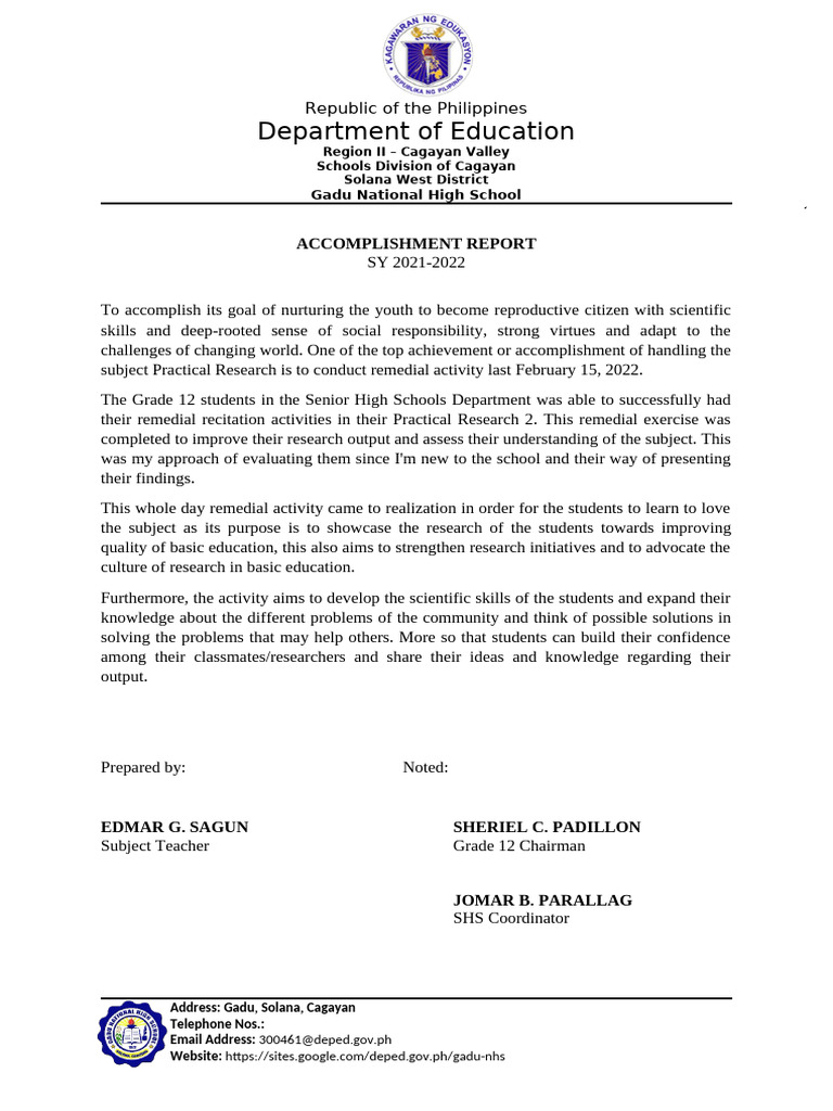 ACCOMPLISHMENT REPORT Remedial | PDF | Learning | Behavior Modification