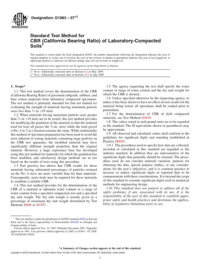 Astm d1883 07 CBR Compress | PDF | Density | Kilogram