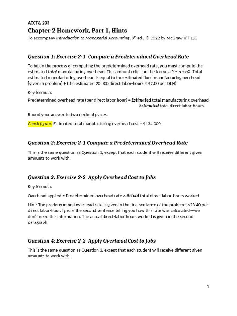 Chap 2 Homework-Part 1 Hints 9e | PDF | Management Accounting | Business Economics